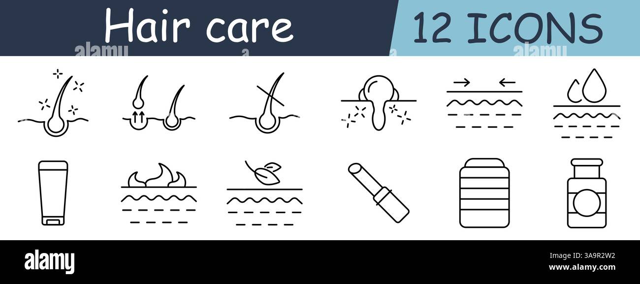 Hair care set icon. Follicle, shine, growth, blockage, scalp ...
