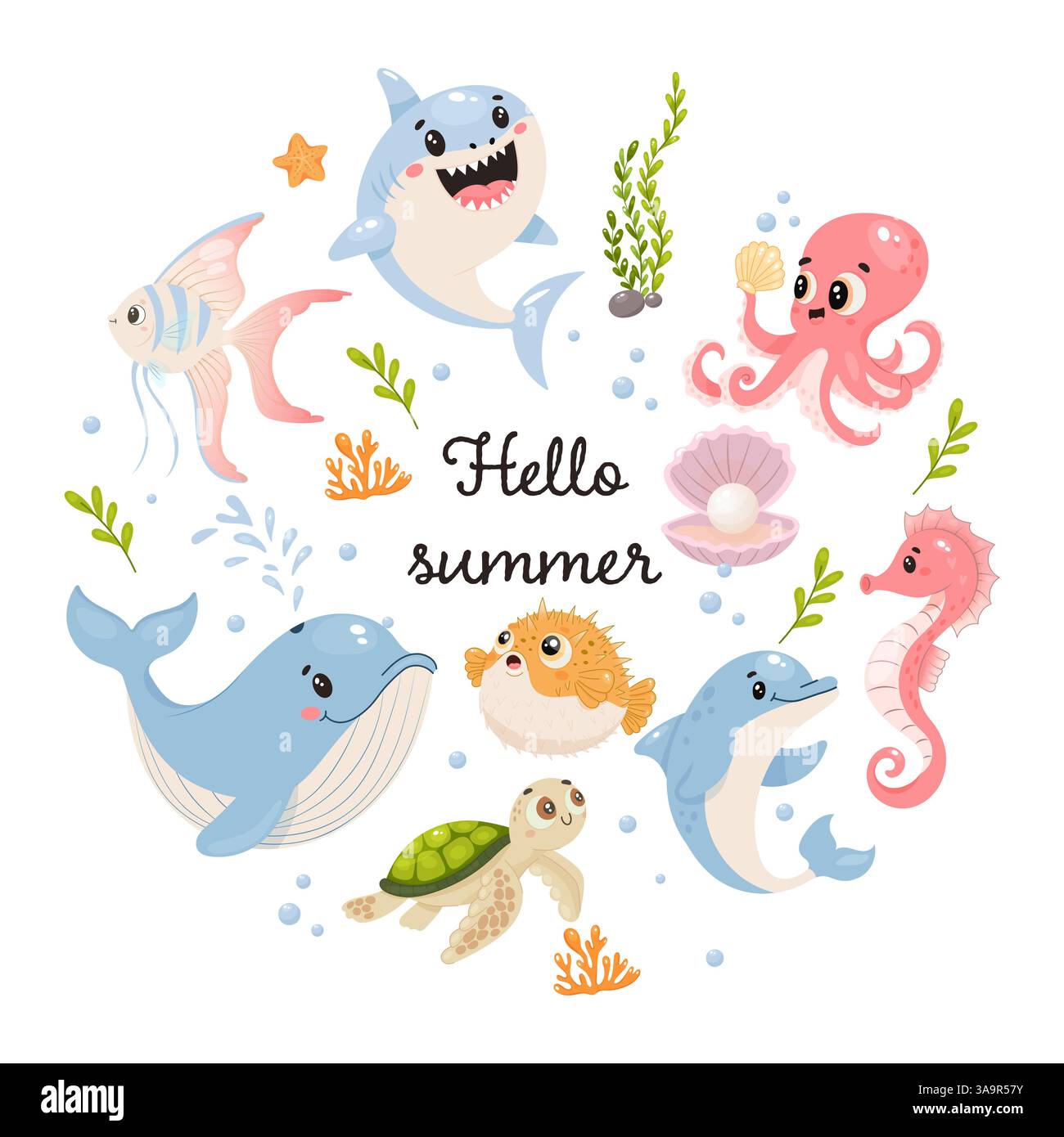 Hello summer poster with cute cartoon sea animals in circle Stock ...