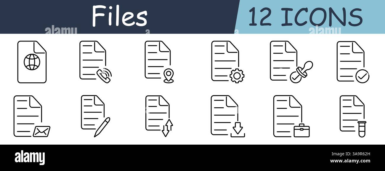 Files set icon. Globe, phone, marker, gear, pacifier, checkmark, mail ...