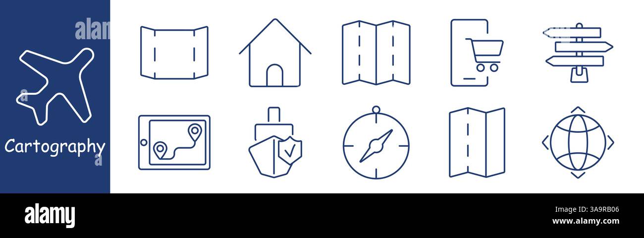 Cartography set icon. Folded maps, navigation, compass, shopping, house, pin, globe, pointer ...