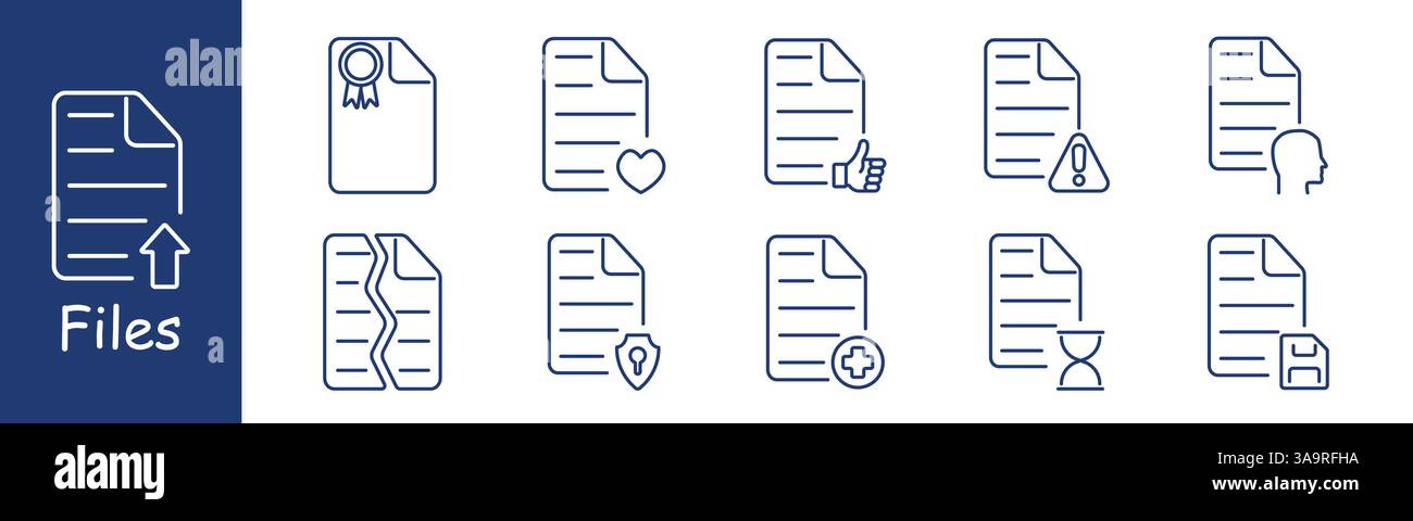 Files set icon. Upload, badge, heart, thumbs up, alert, profile, broken ...