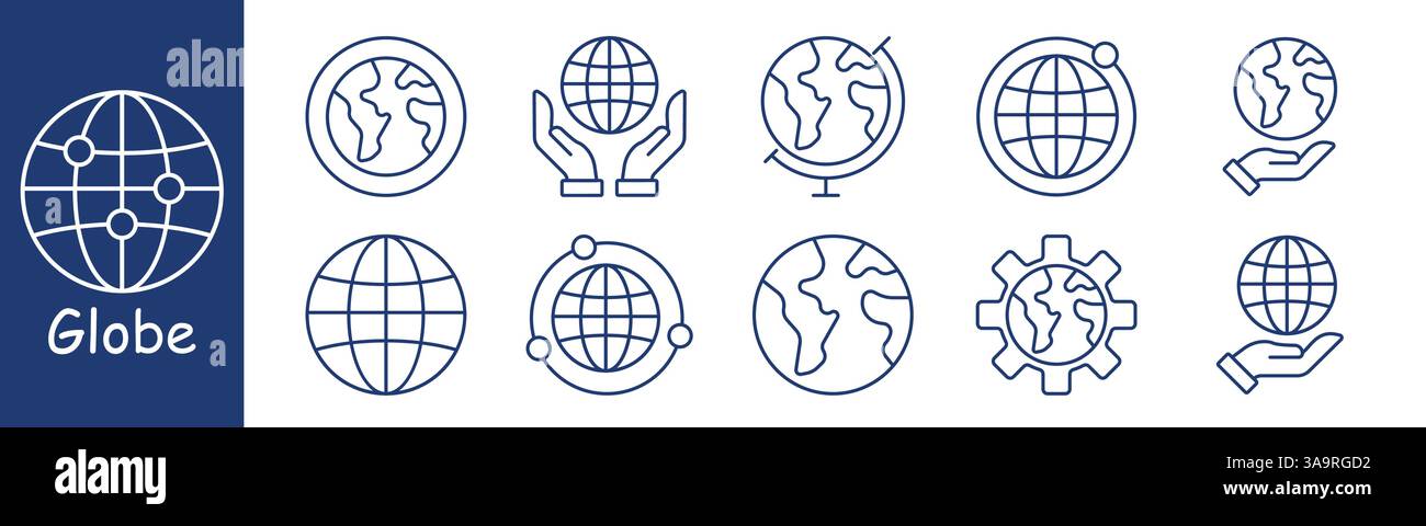 Globe set icon. Earth, hand, globe, gear, orbit, support, representing ...