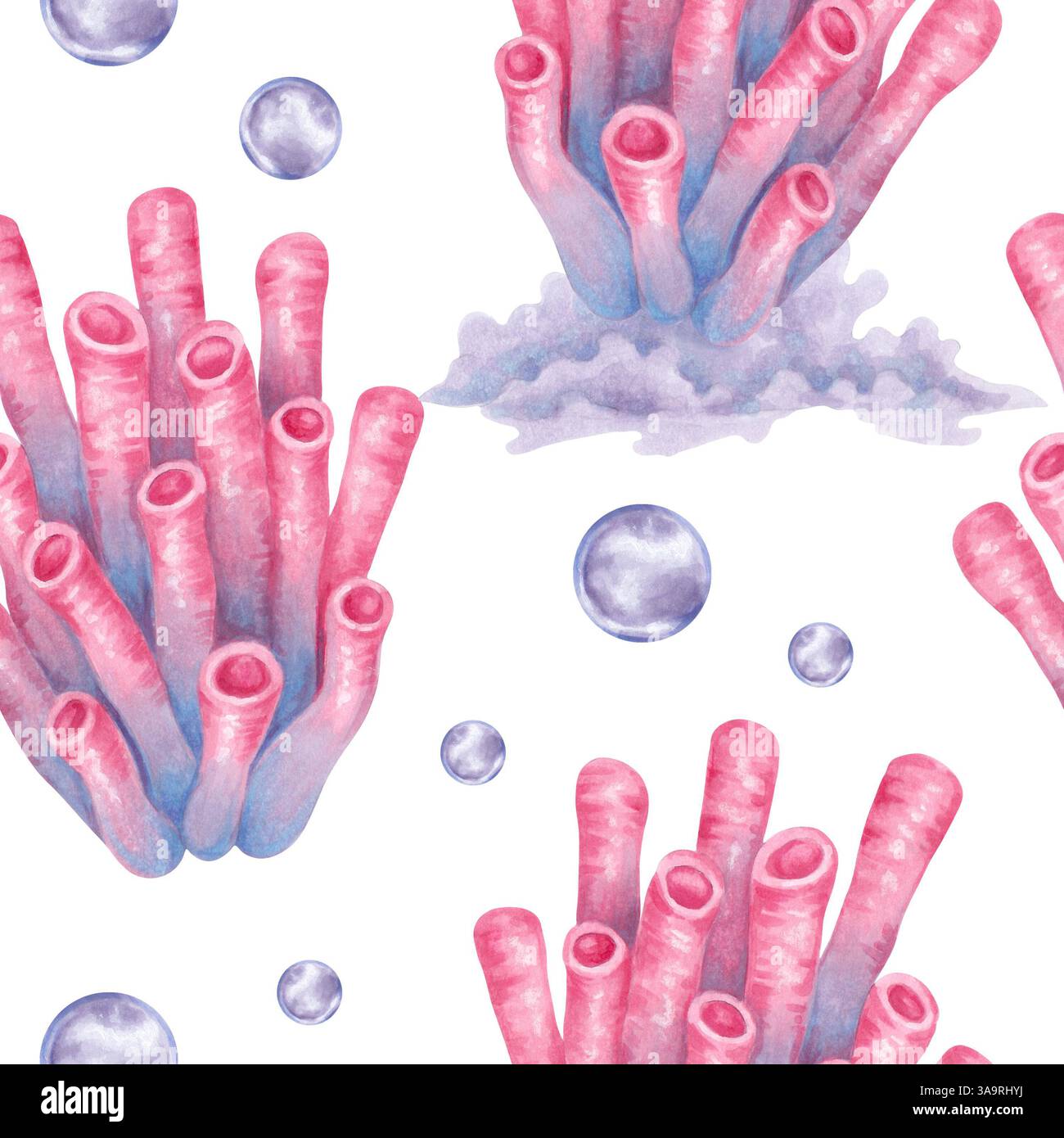 Tube coral with water bubbles. Seamless pattern. Watercolor and marker ...