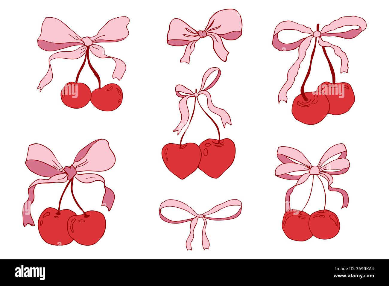 Cherry with bow coquette girly fruit, tie ribbon sketchy doodle drawing ...
