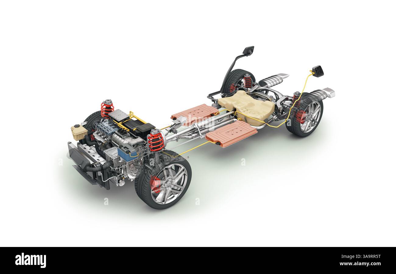 Hybrid generic under carriage car technical cutaway 3d rendering with ...