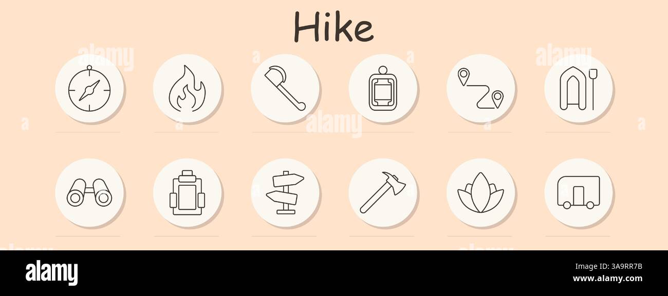 Hike set icon. Compass, flame, axe, bottle, route, kayak, binoculars ...