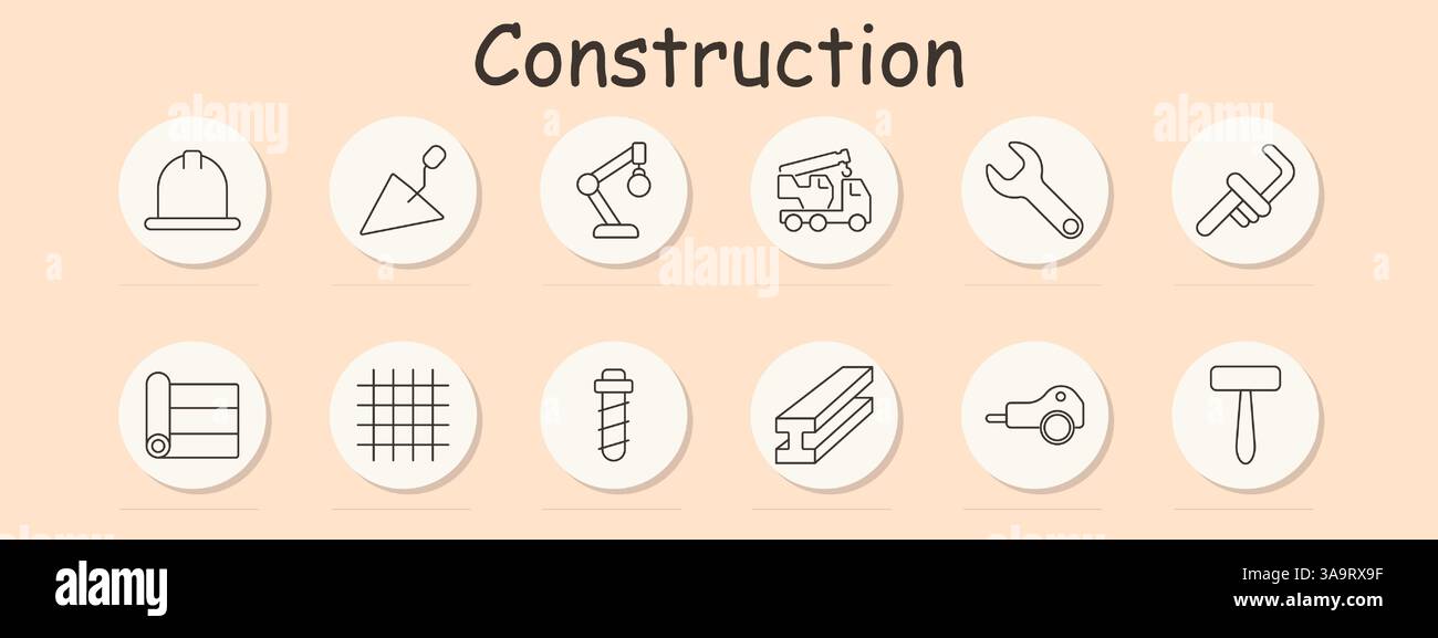 Construction set icon. Helmet, trowel, crane arm, truck, wrench, rebar, blueprint, mesh, bolt ...