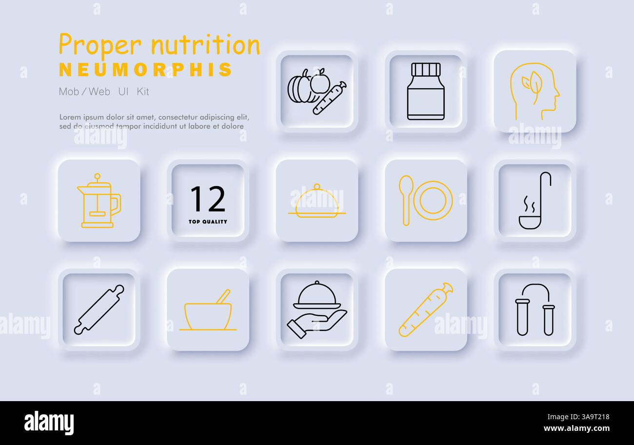 Proper nutrition set icon. Vegetables, vitamins, healthy mind, soup ...