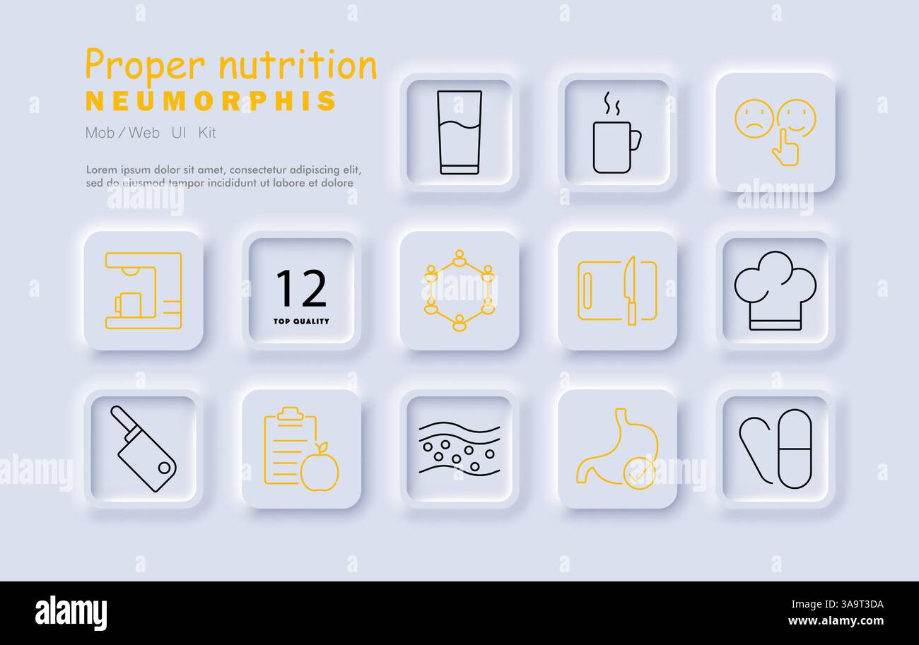 Proper nutrition set icon. Water, coffee, emotion, fiber, stomach ...