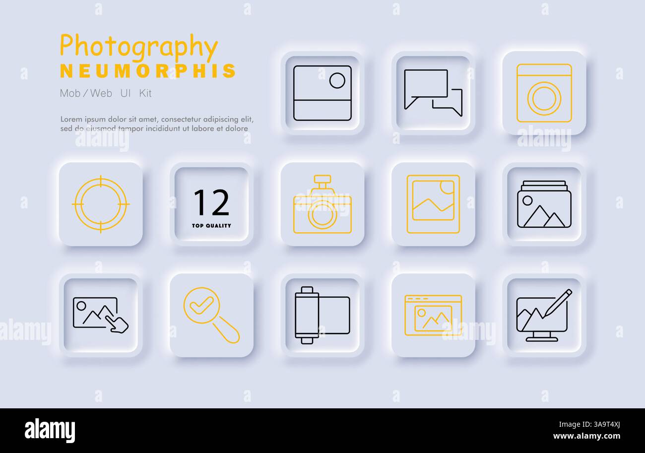 Photography set icon. Target, dialog, snapshot, film roll, magnifier ...