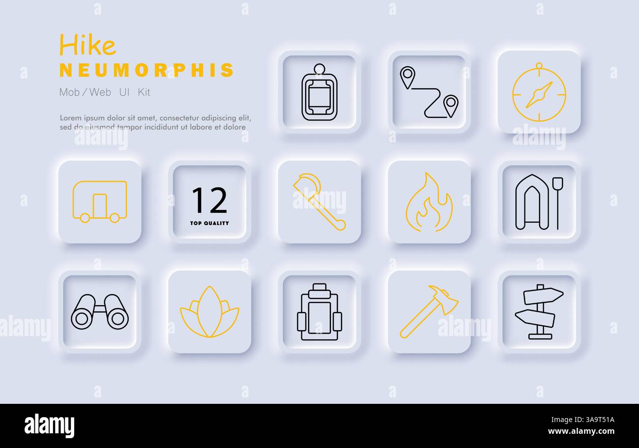 Hike set icon. Tent, axe, fire, camper, route, compass, backpack ...