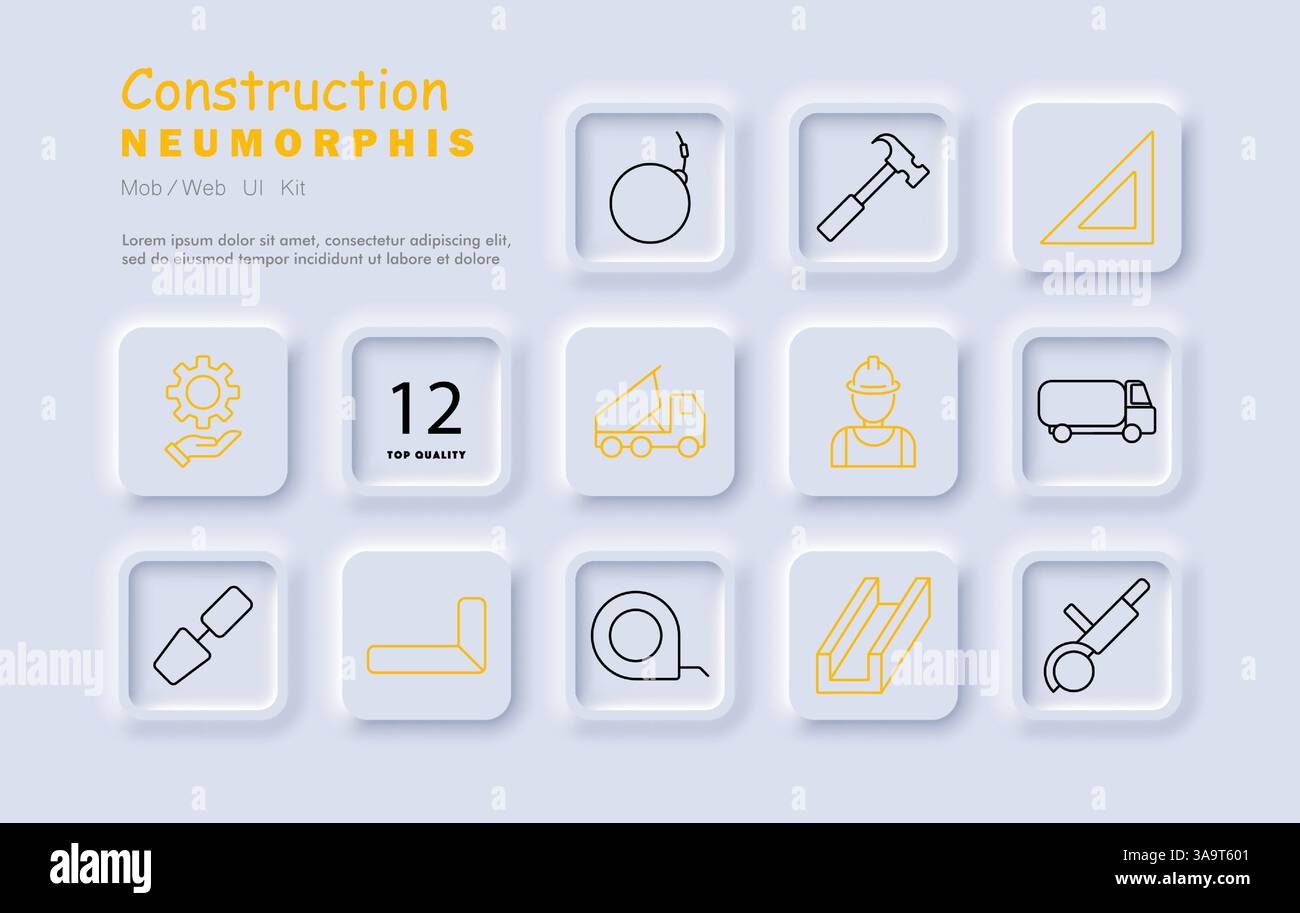 Construction set icon. Hammer, ruler, mixer, helmet, truck, tape, beam ...
