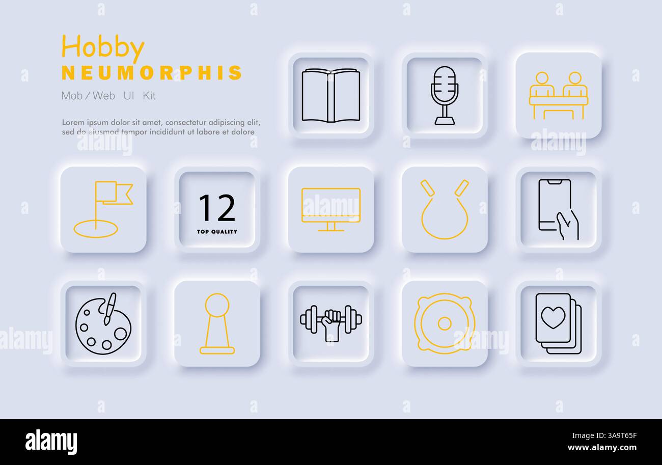 Hobby set icon. Book, microphone, table talk, goal flag, display, jump ...