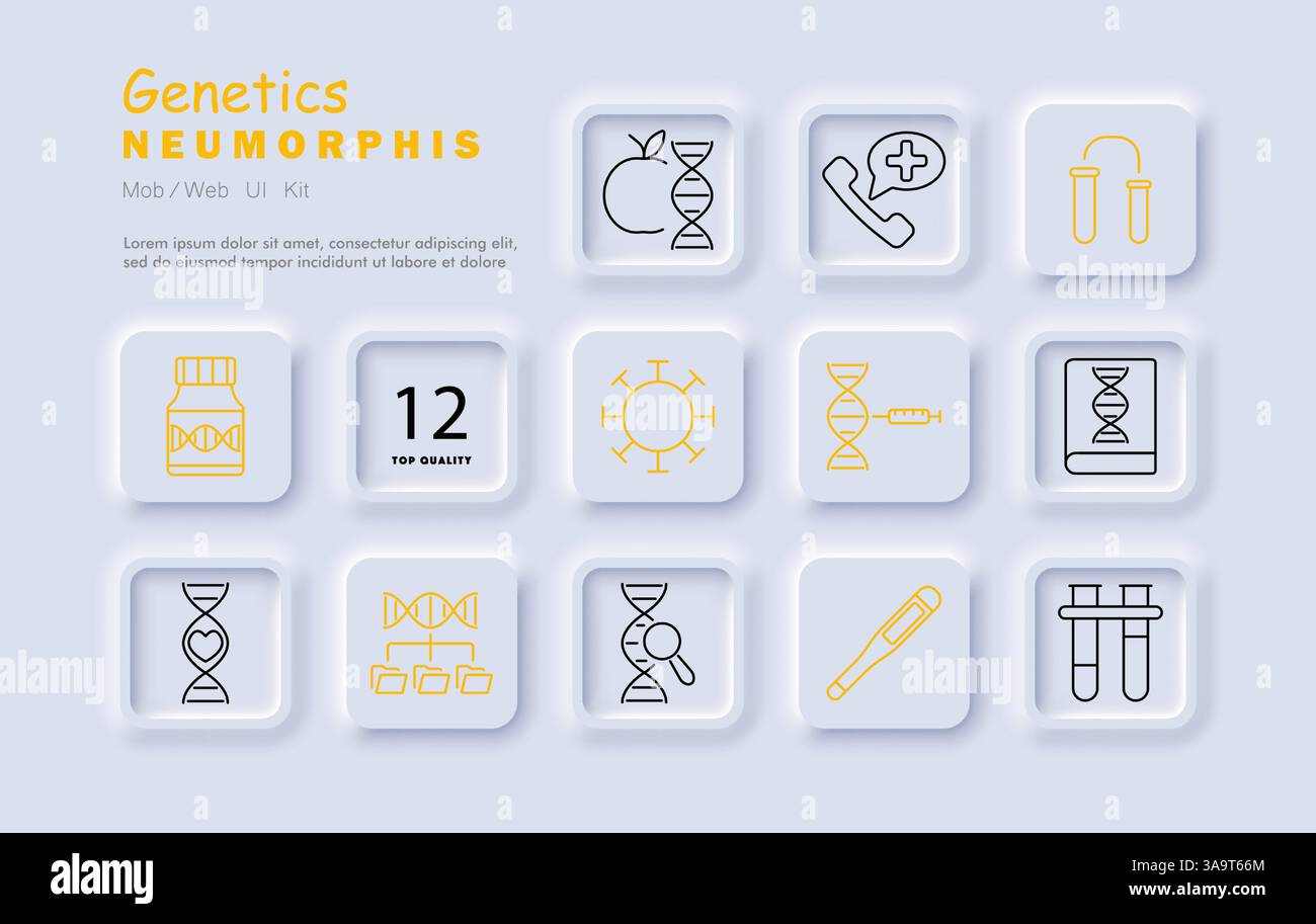 Genetics set icon. Dna bottle, nutrition, test tubes, virus, analysis ...