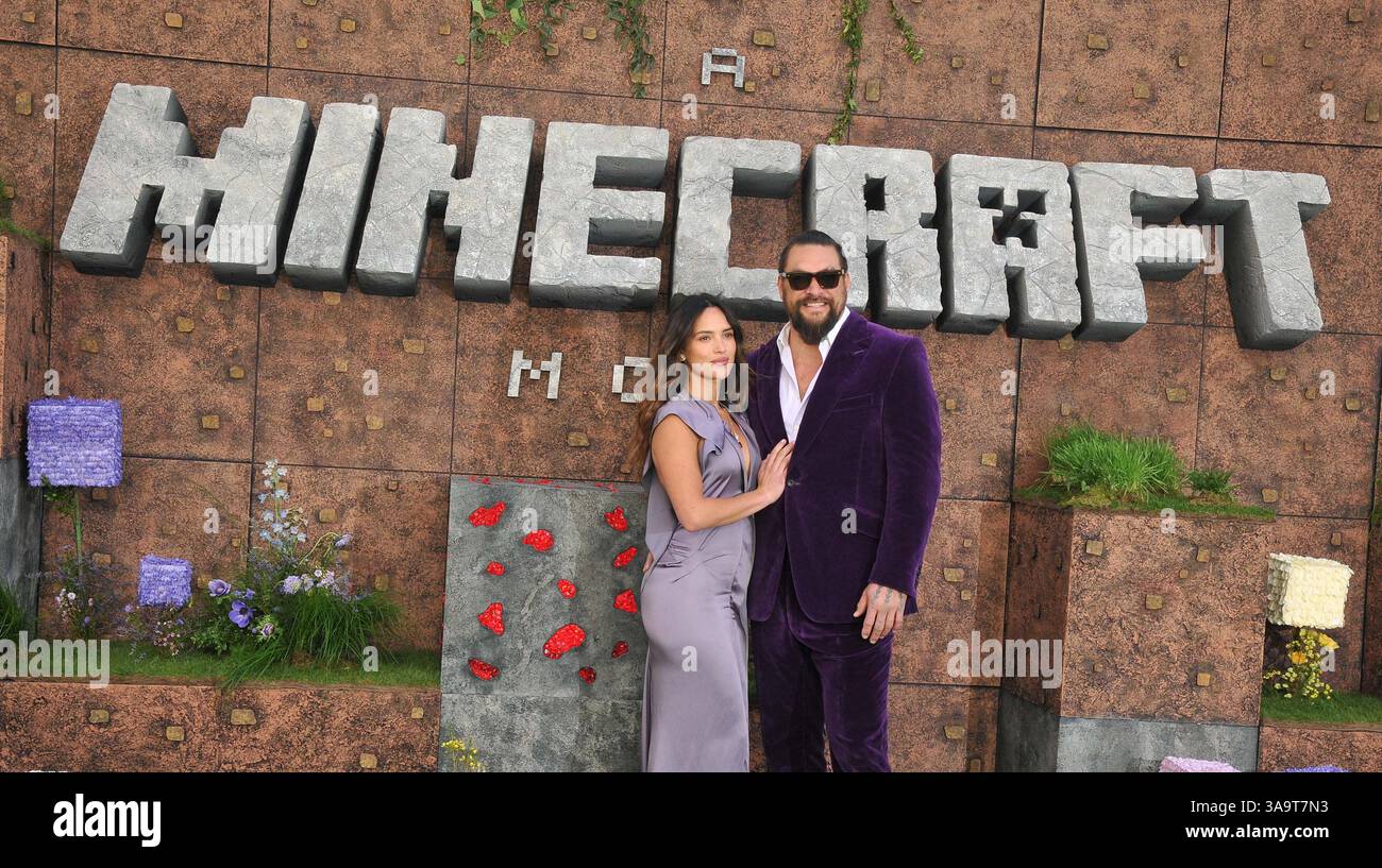 Adria Arjona and Jason Momoa at the "A Minecraft Movie" world film premiere, Cineworld Leicester ...