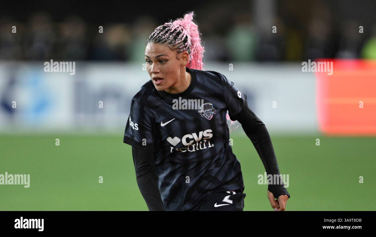 Washington Spirit forward Trinity Rodman kicks the ball during an NWSL ...
