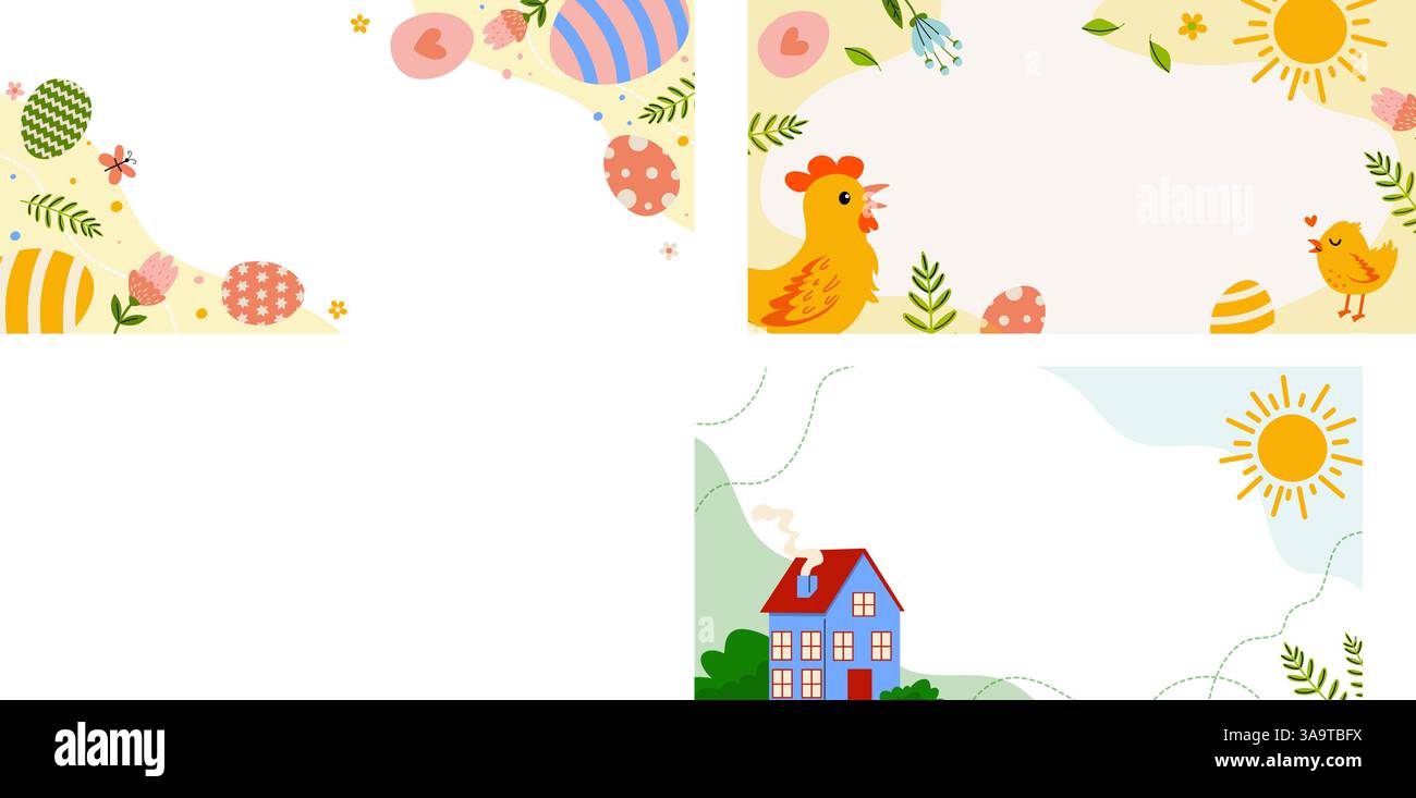 Colorful spring illustration featuring chickens, flowers, and a sun in ...