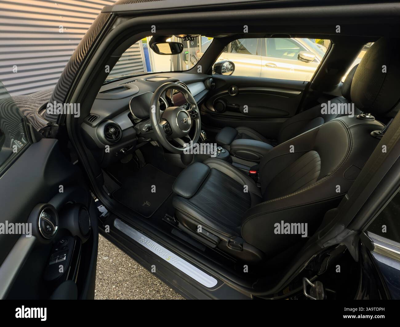 Paris, France - Mar 27, 2025: Interior of a MINI Cooper electric car ...