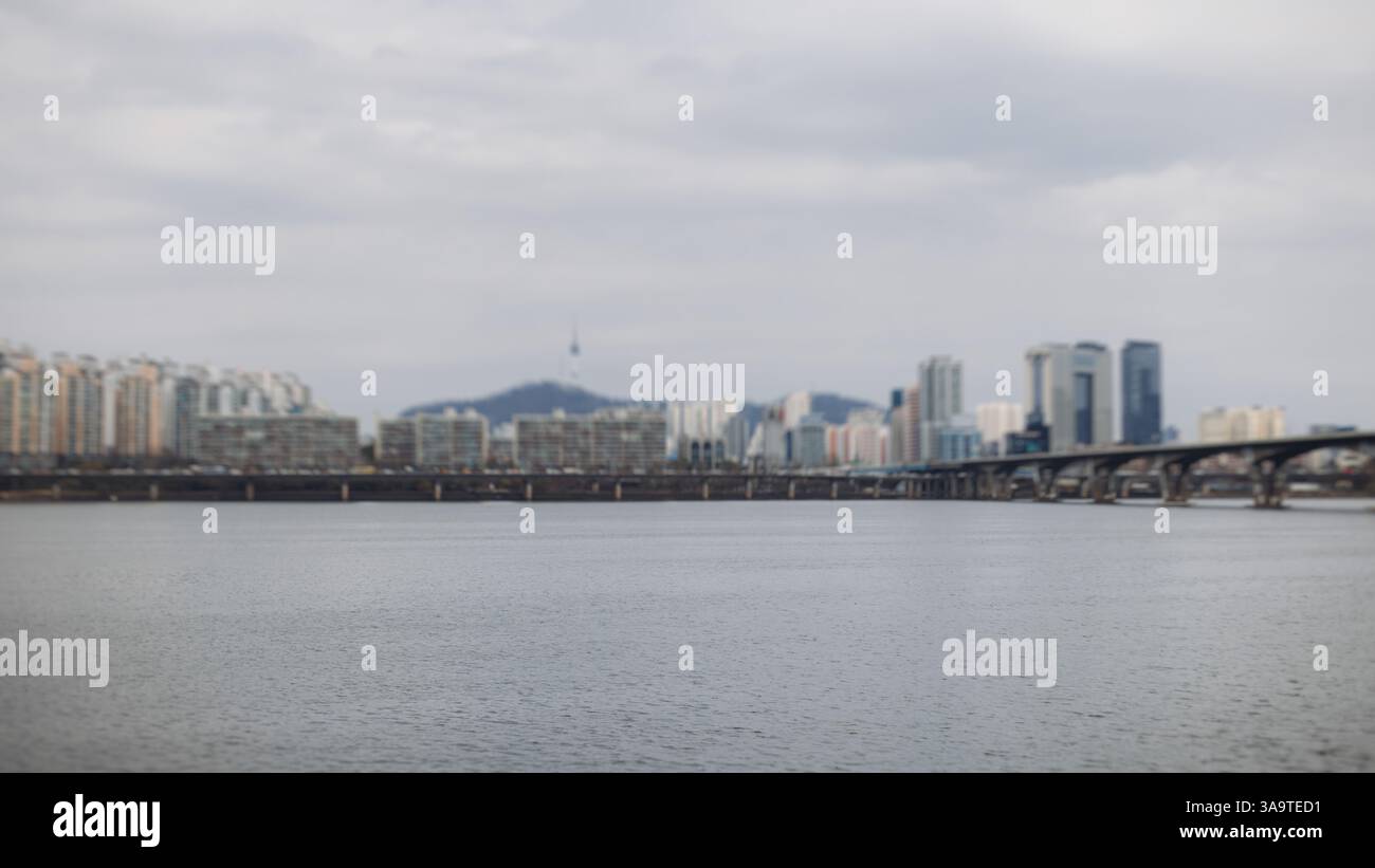 Seoul panoramic view during Hangang river boat cruise, South Korea ...