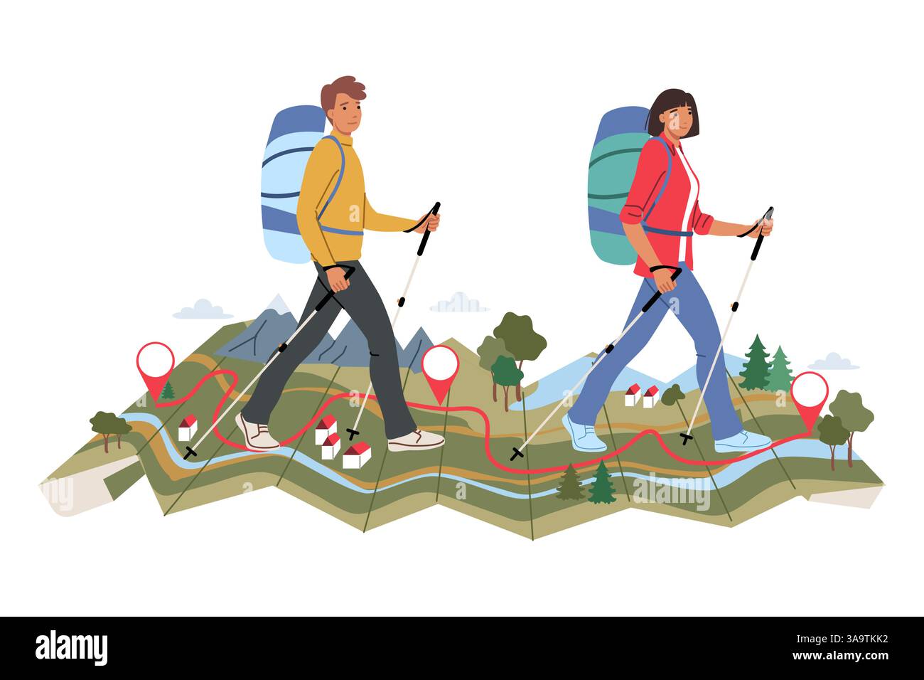 Man and woman went on hike together, walking along huge map with river and mountains Stock ...