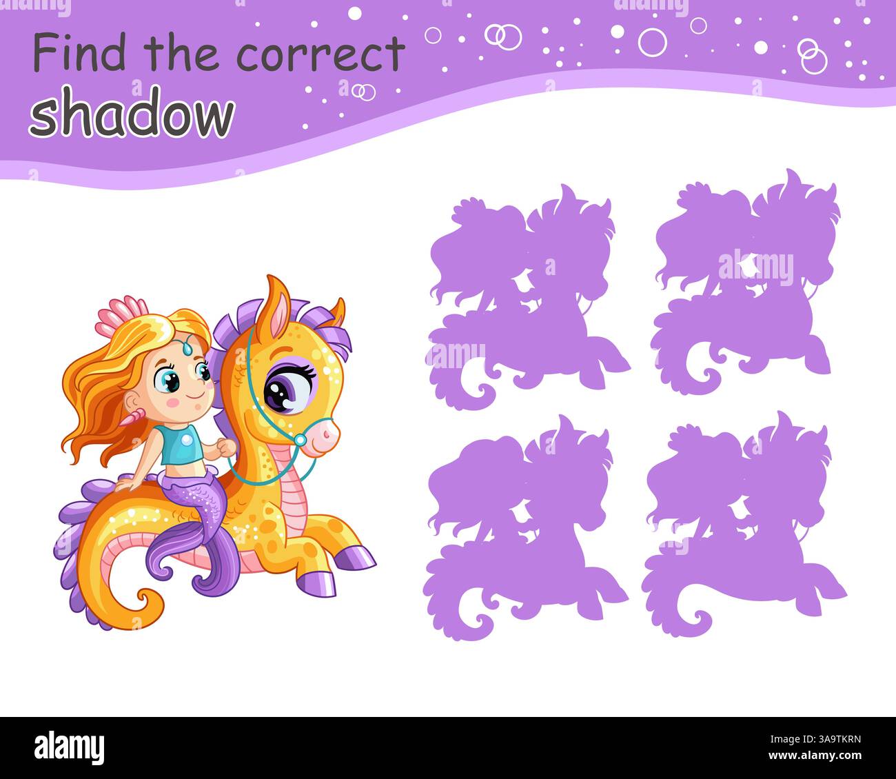 Find the correct shadow mermaid matching game for children vector Stock ...