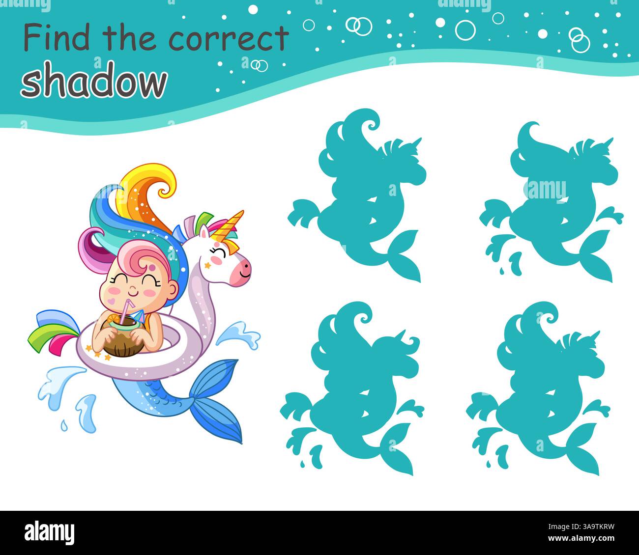 Find the correct silhouette mermaid matching game for children Stock ...