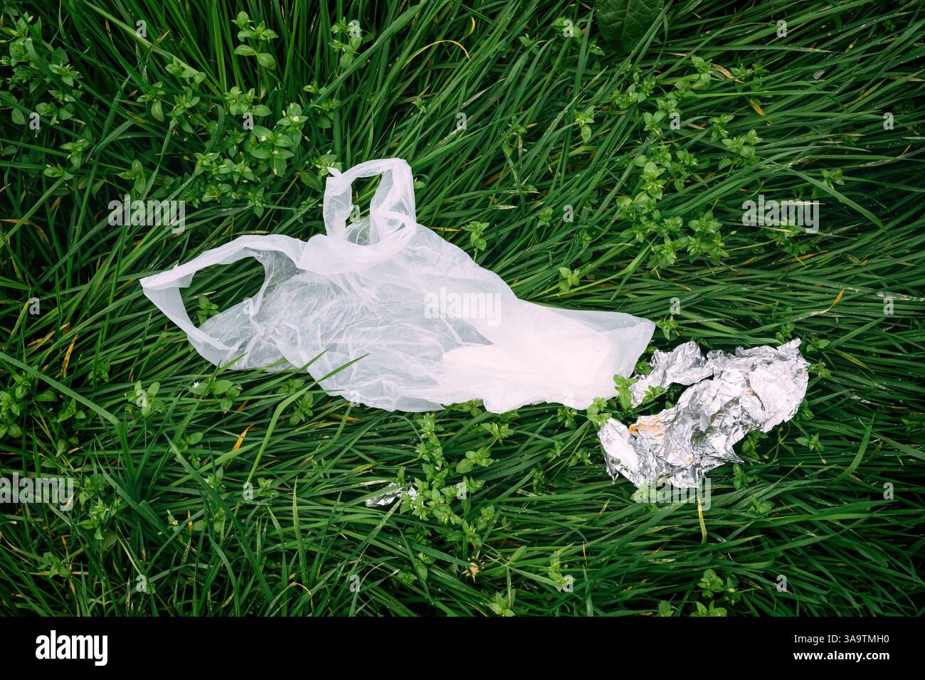 Littering and environmental damage, plastic bag and trash on green ...