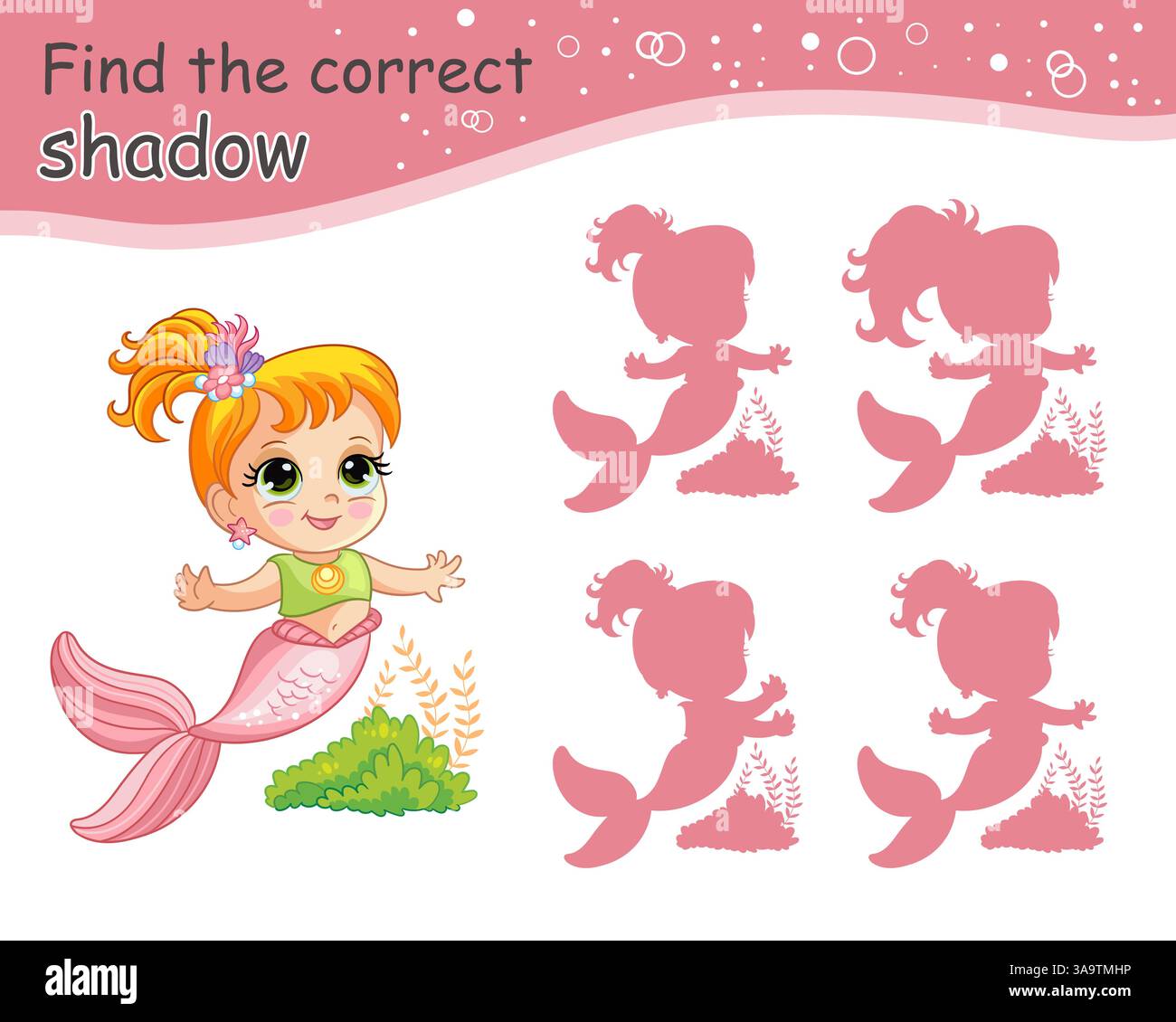 Find the correct shadow mermaid kids matching game vector Stock Vector ...