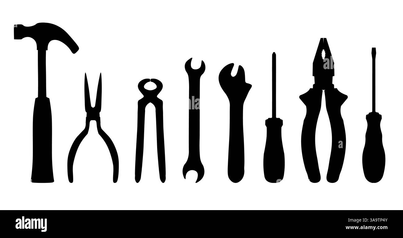 set of hand tools silhouette isolated on white. black silhouette like ...