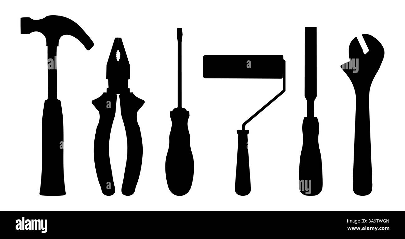 set of hand tools silhouette isolated on white. black silhouette like ...
