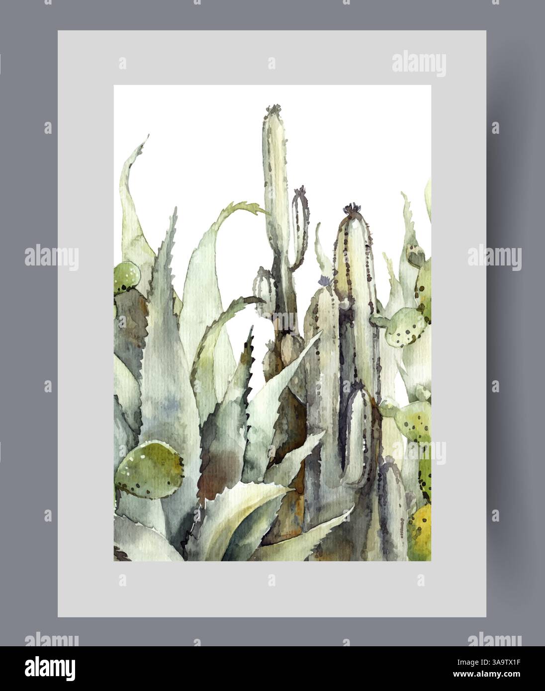 Wild cacti and succulent plants from desert with arid climate on wall art. Watercolor artwork ...