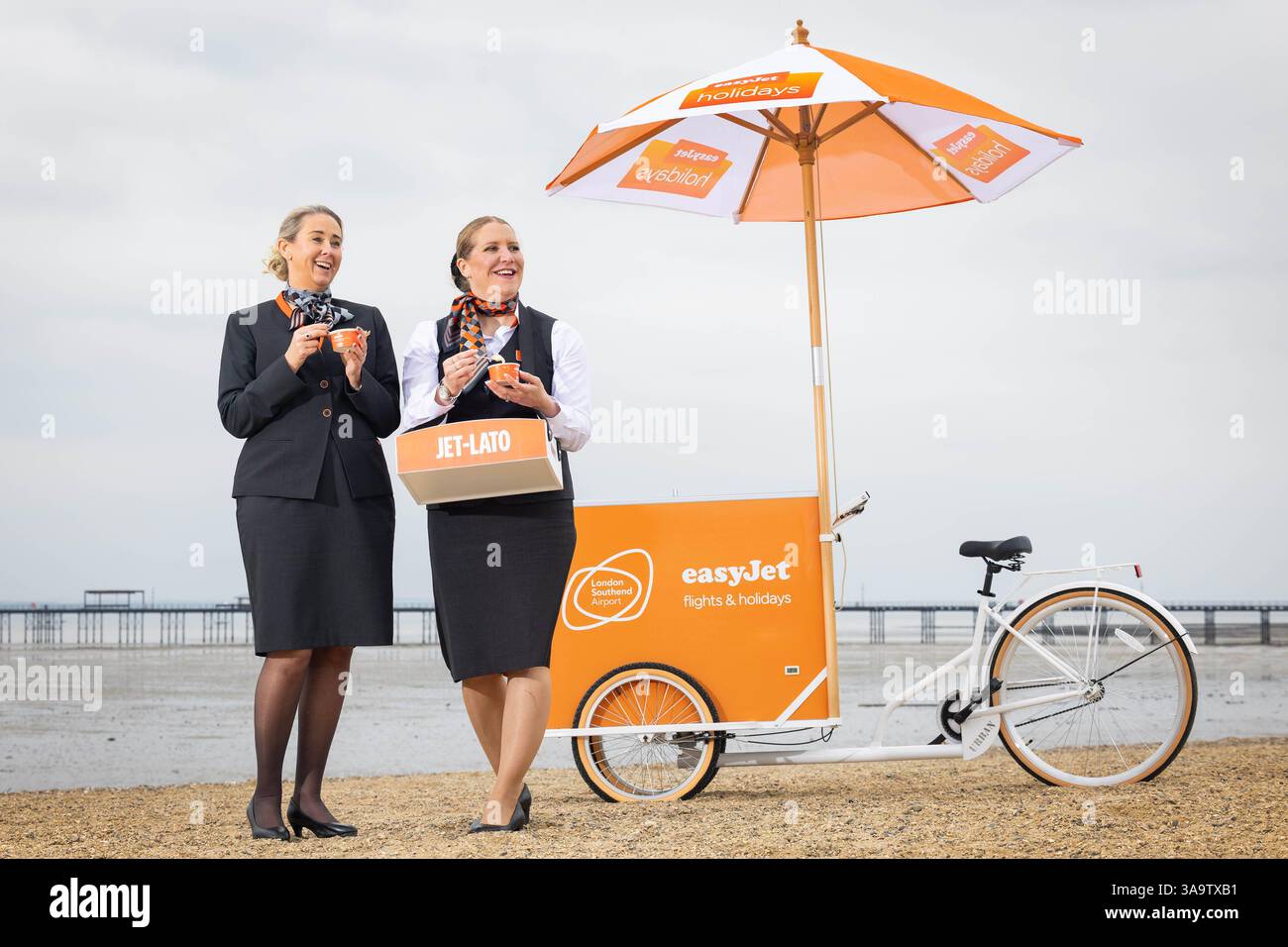 EDITORIAL USE ONLY Cabin crew hand out flavoured ice cream to Southend ...
