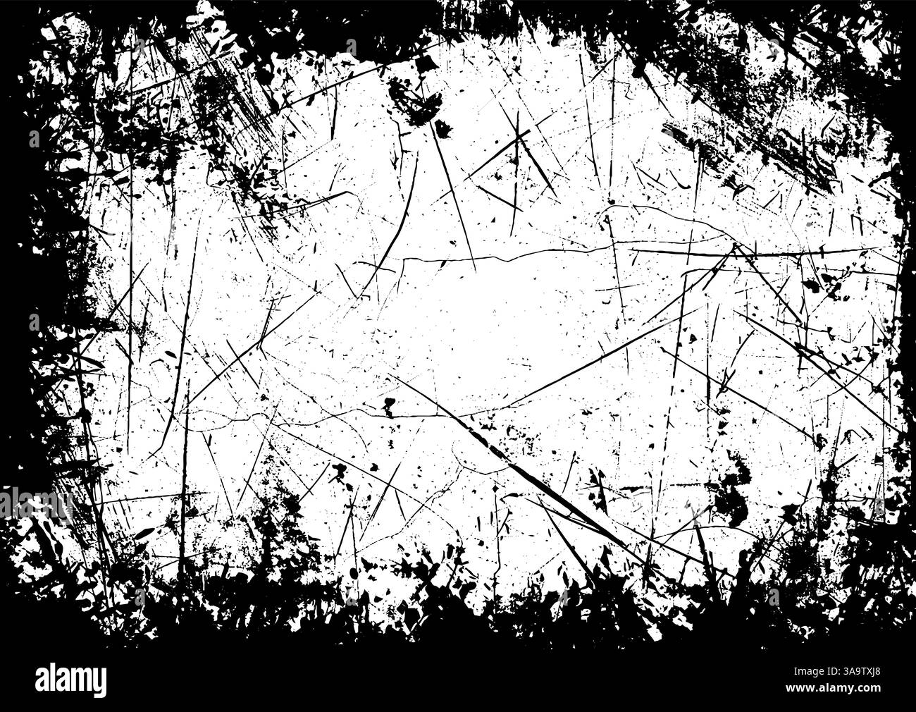 Grunge background with a scratched textured border in black and white ...