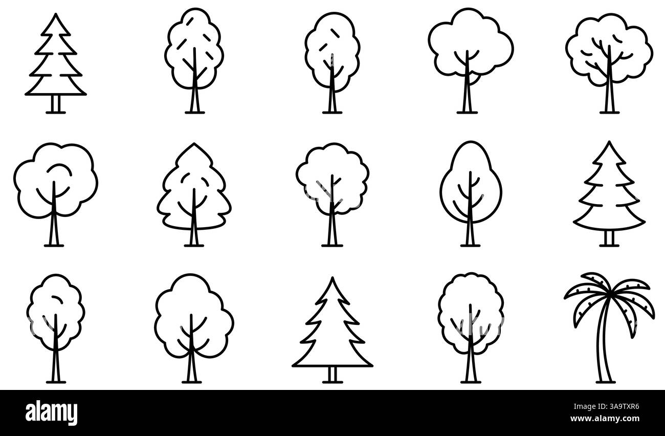 Tree icon. Set of linear tree icons. Black symbols of tree. Editable ...