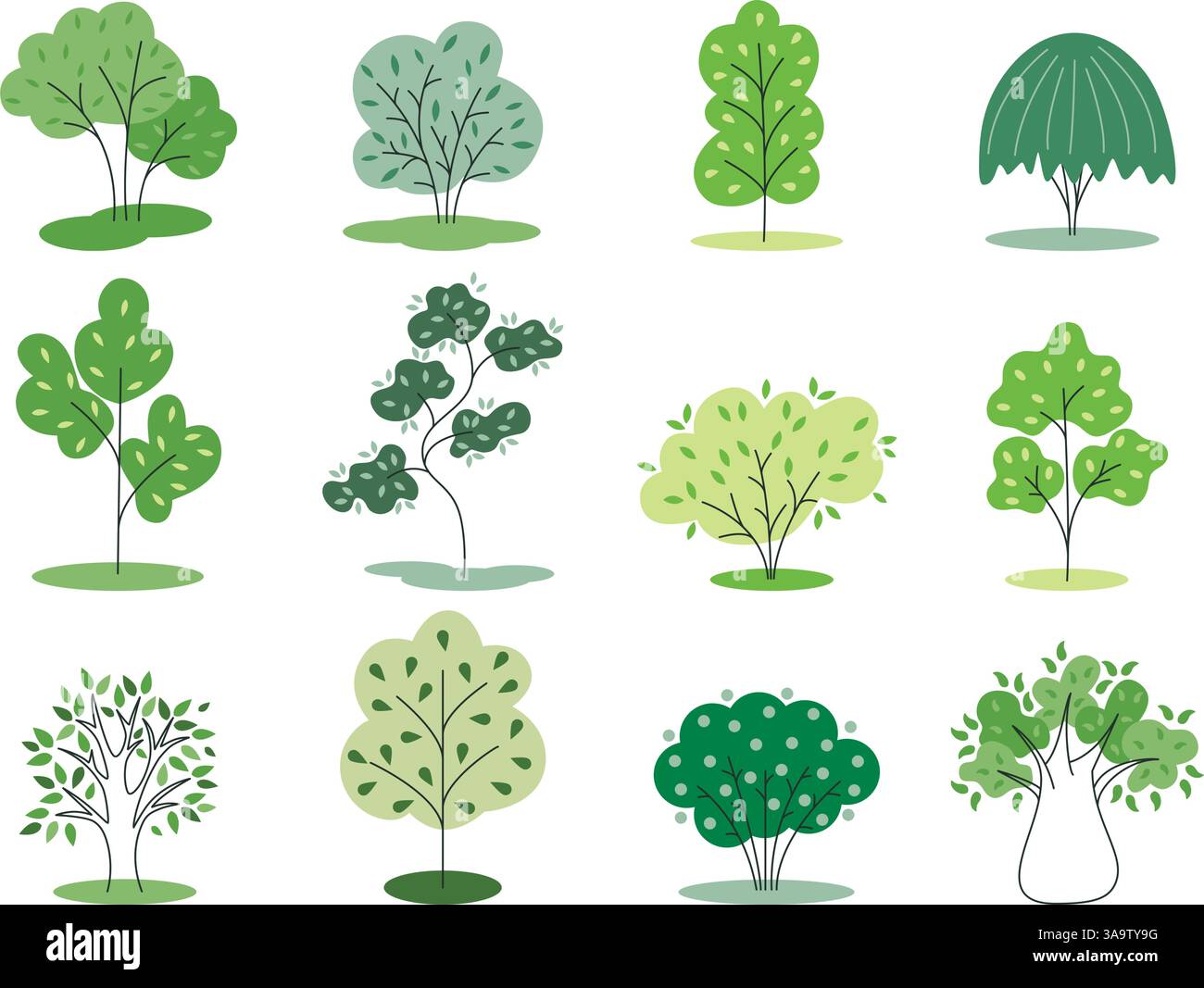Set of spring trees in flat style with green leaves. Botanical ...