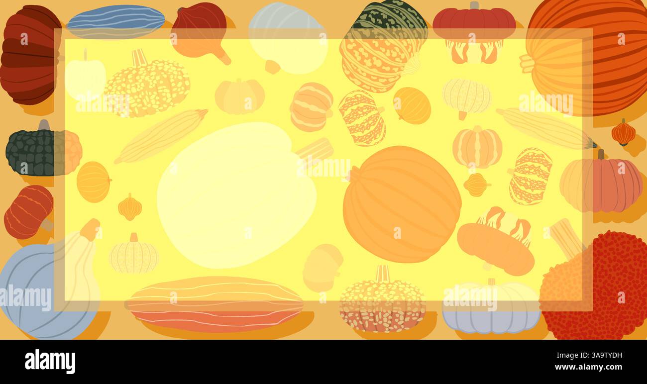 Rectangular banner with types of winter squash. Cucurbita maxima ...
