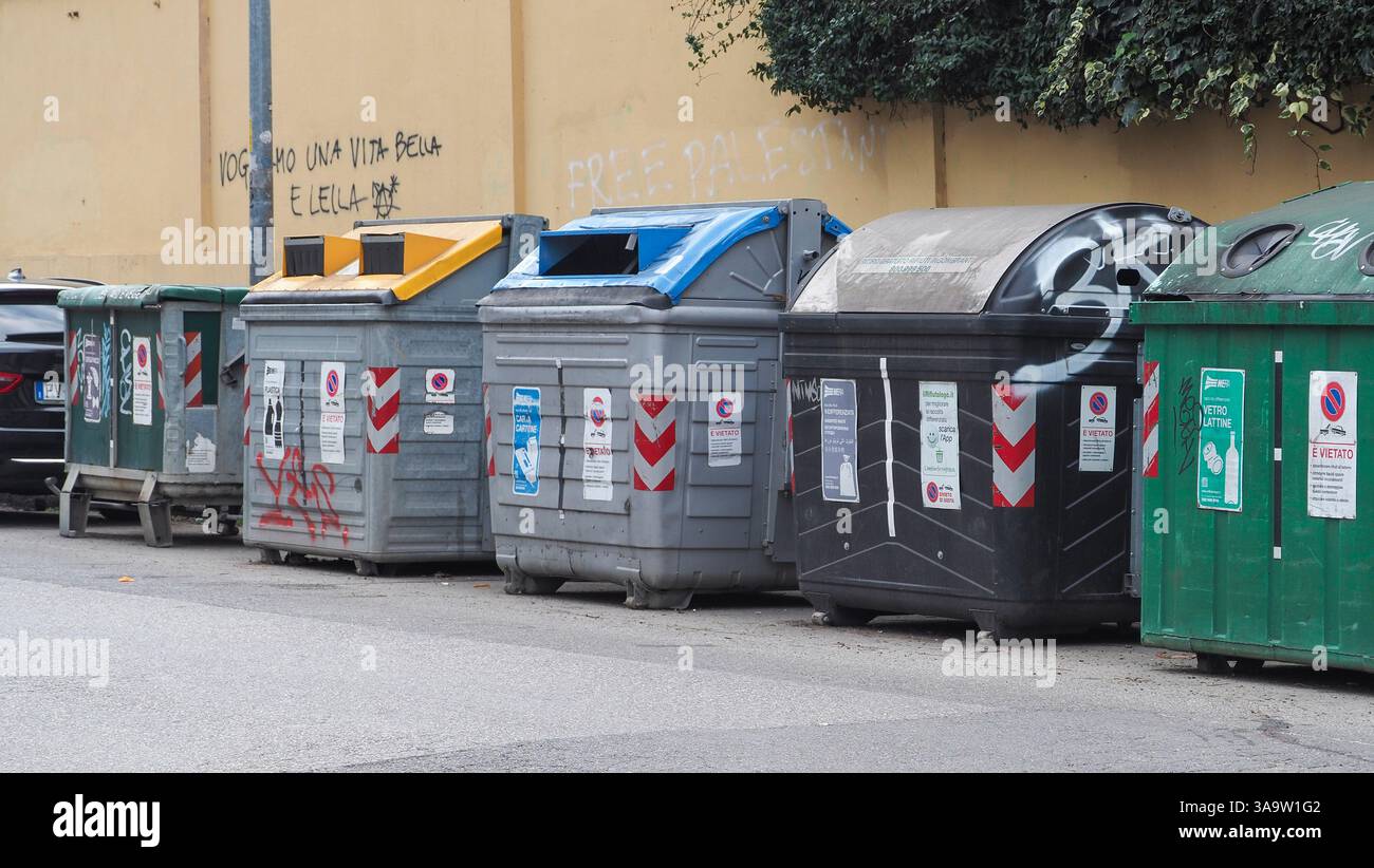 Bologna, Italy February 7th 2025 Different garbage bins lined up on the ...