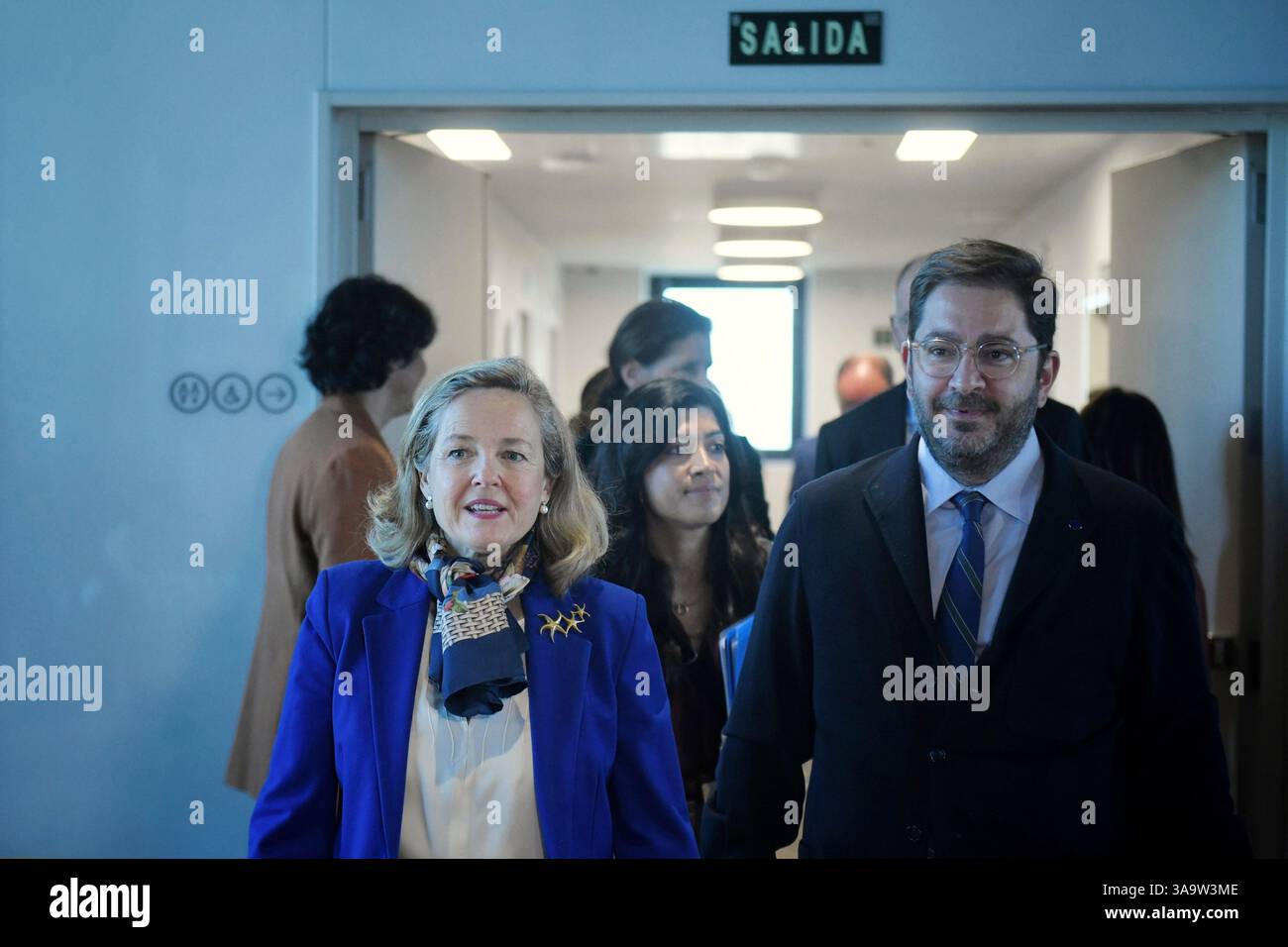EIB Group President Nadia Calviño and lawyer Manuel Muñiz arrive at the ...