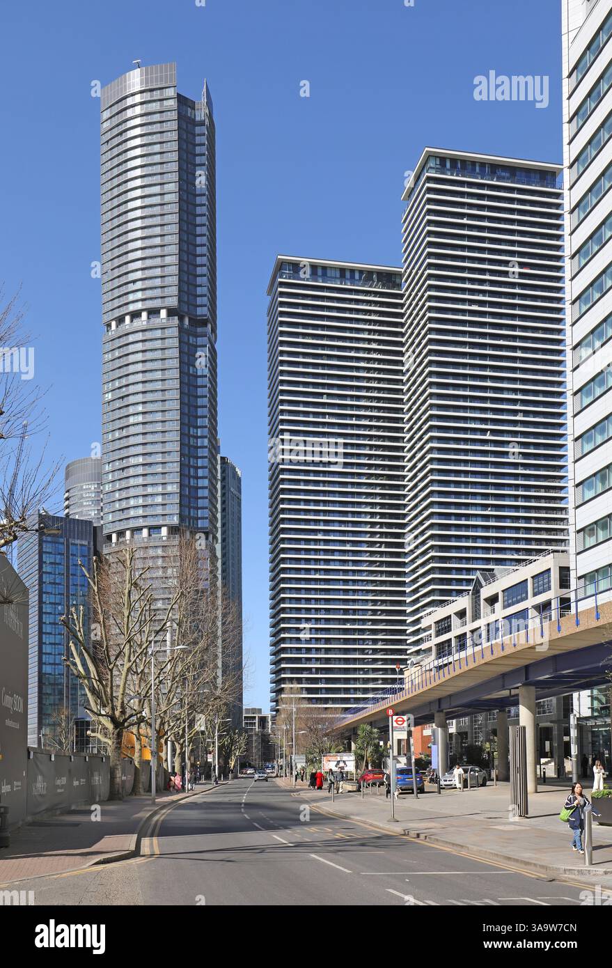 London, UK. View west along Mash Wall in the Canary Wharf district of ...