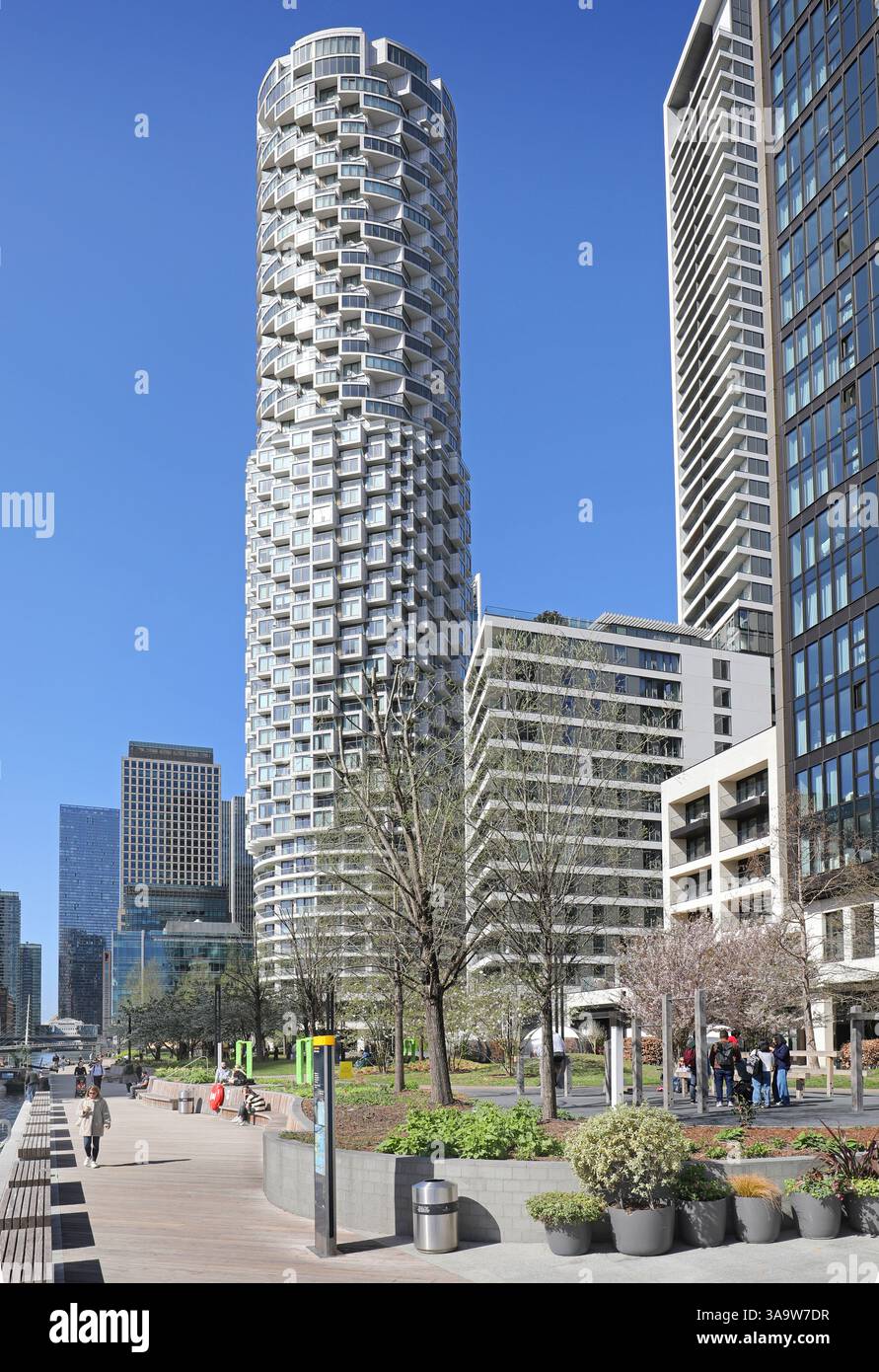 London, UK: Canary Wharf Harbour Quay Gardens with the One Park Drive ...