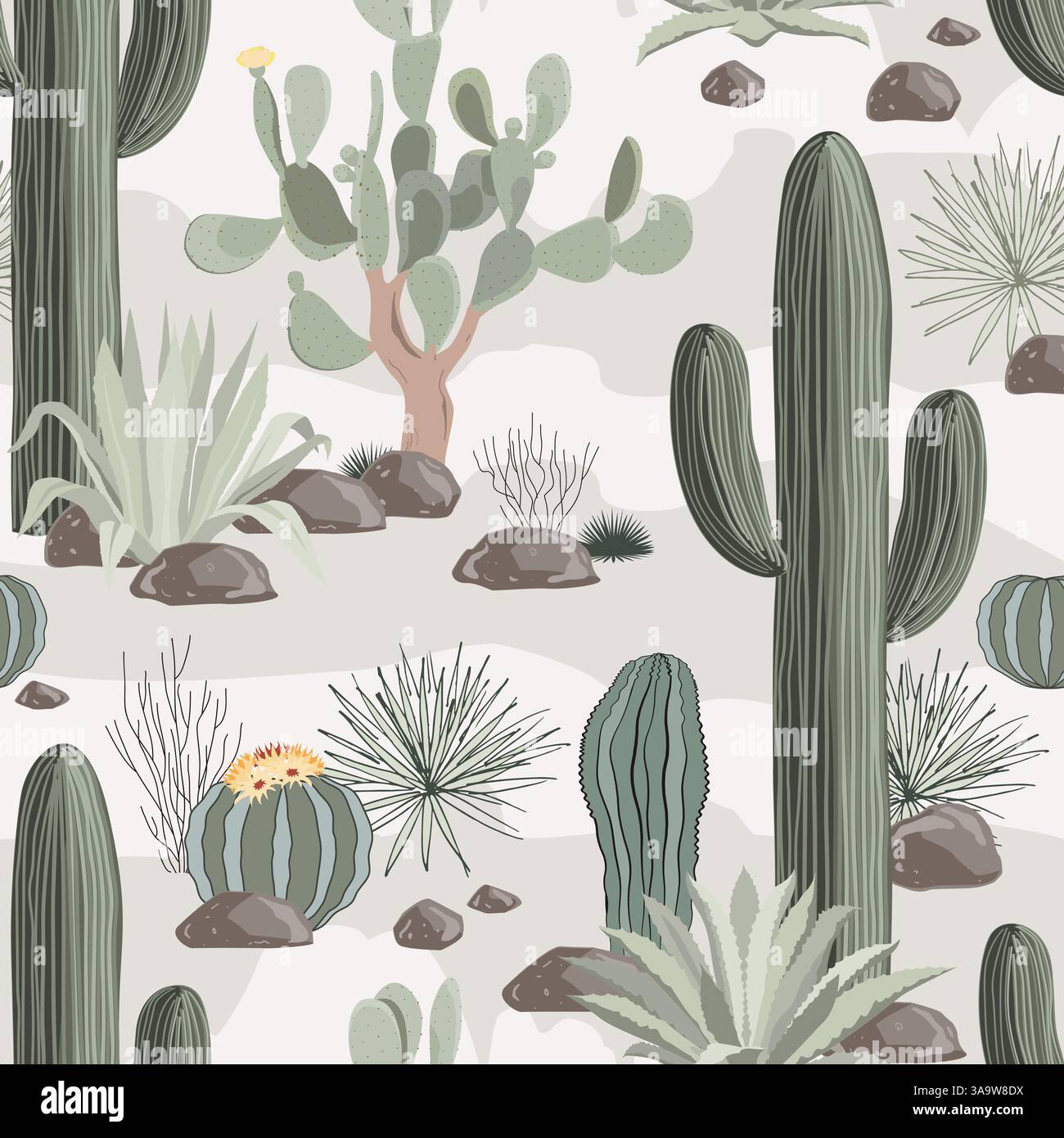 Giant cardon and Saguaro cactus and agaves seamless pattern. Cacti ...