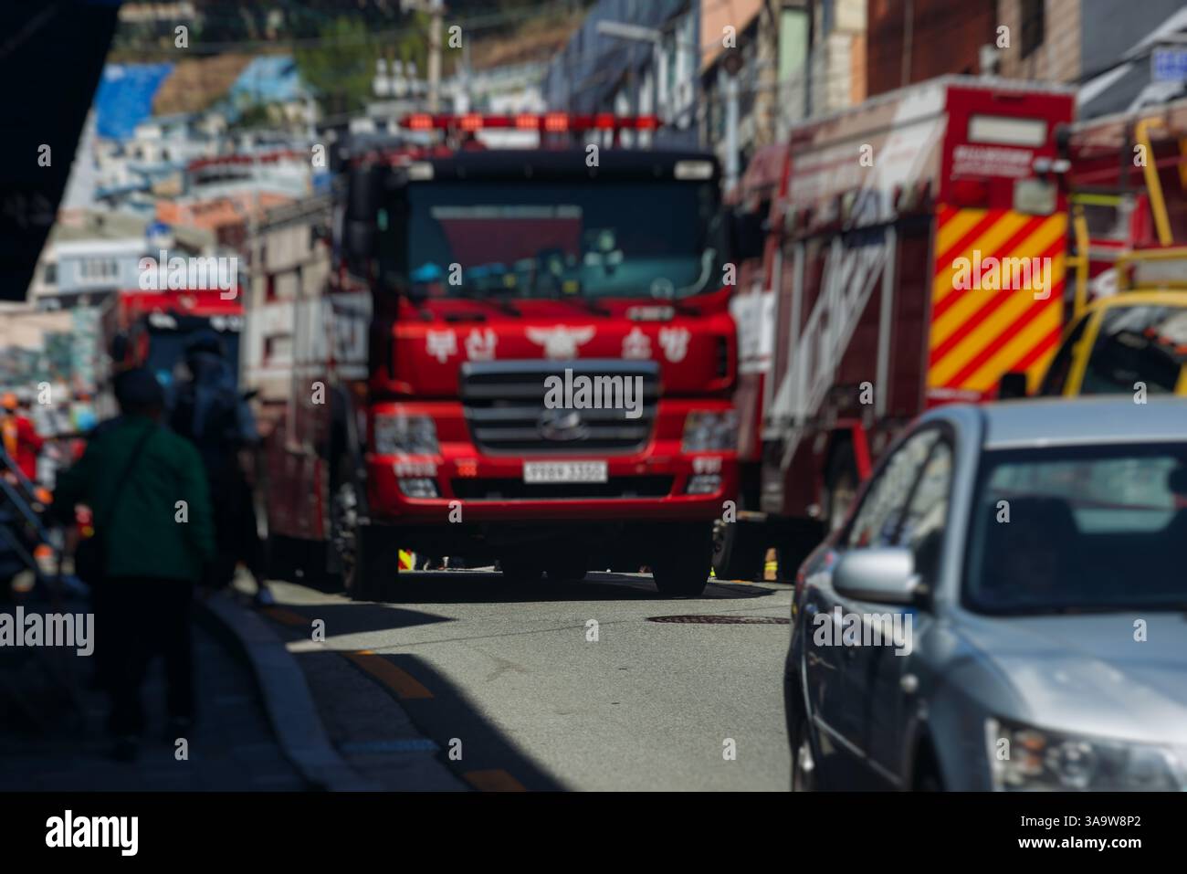 South Korean Fire fighting brigade equipment, during operation in the ...