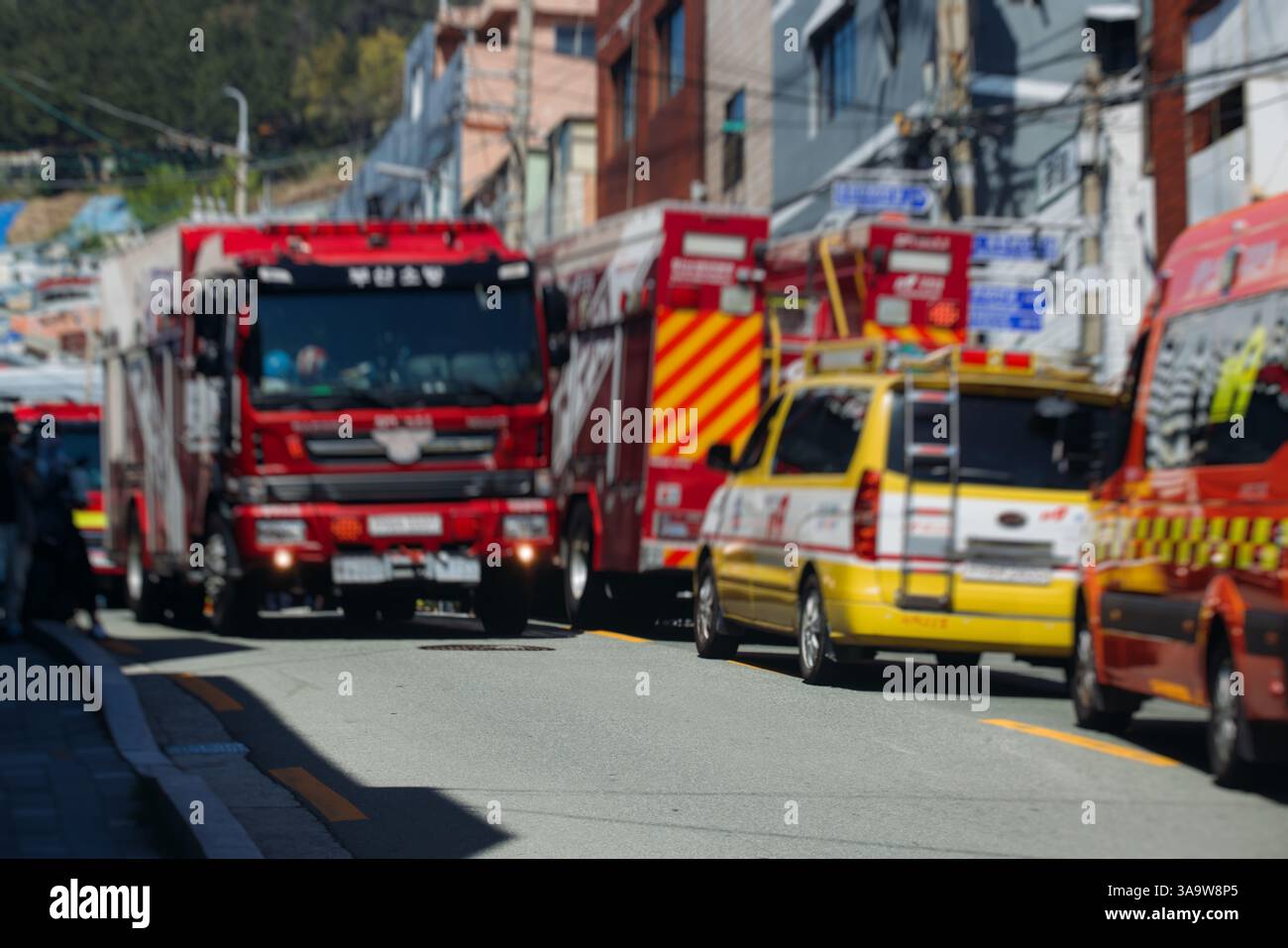 South Korean Fire fighting brigade equipment, during operation in the ...