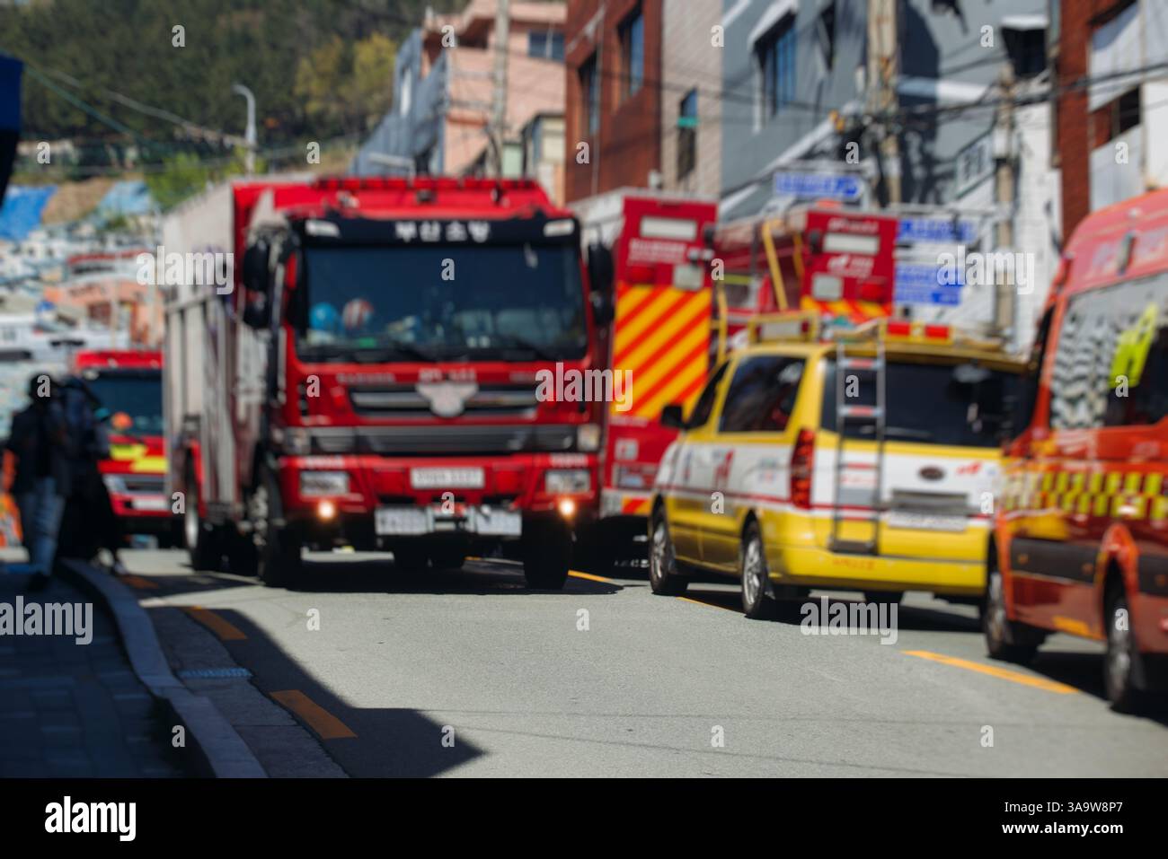 South Korean Fire fighting brigade equipment, during operation in the ...