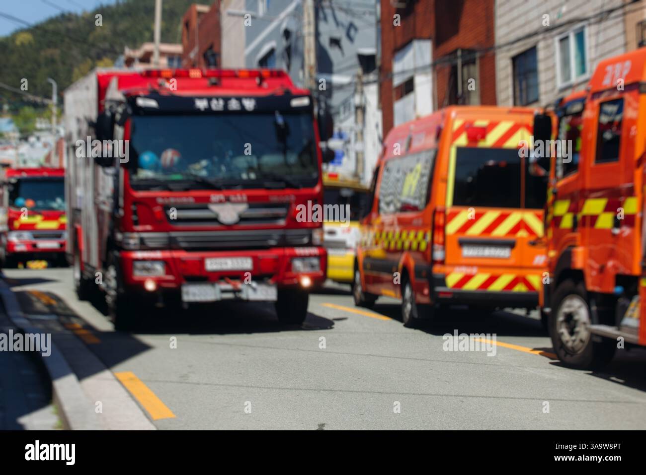 South Korean Fire fighting brigade equipment, during operation in the ...