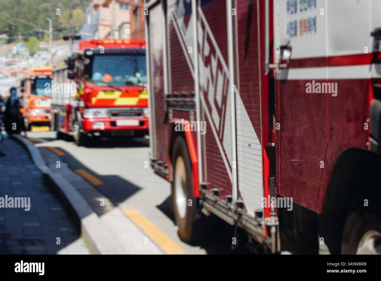 South Korean Fire fighting brigade equipment, during operation in the ...