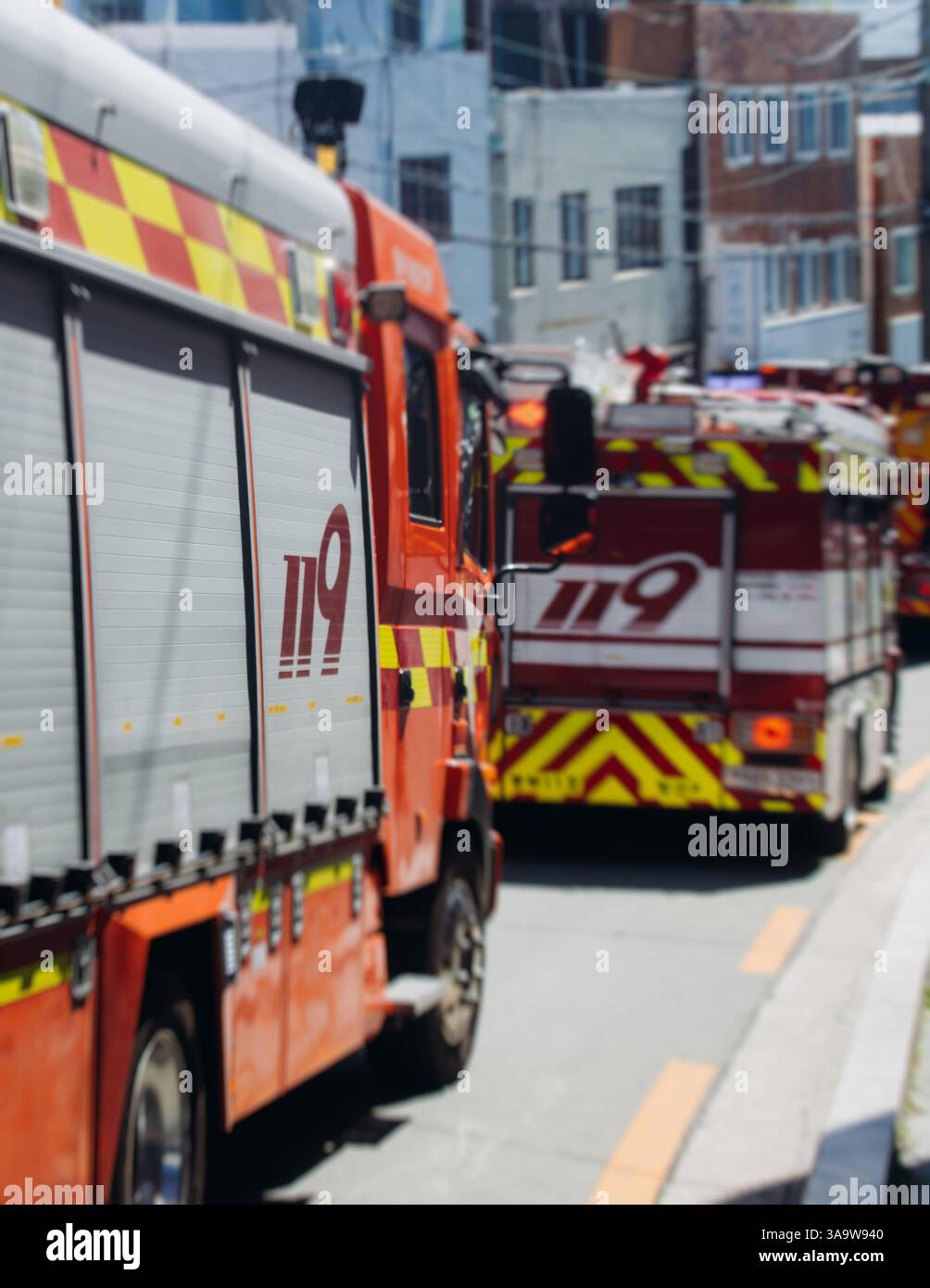 South Korean Fire fighting brigade equipment, during operation in the ...