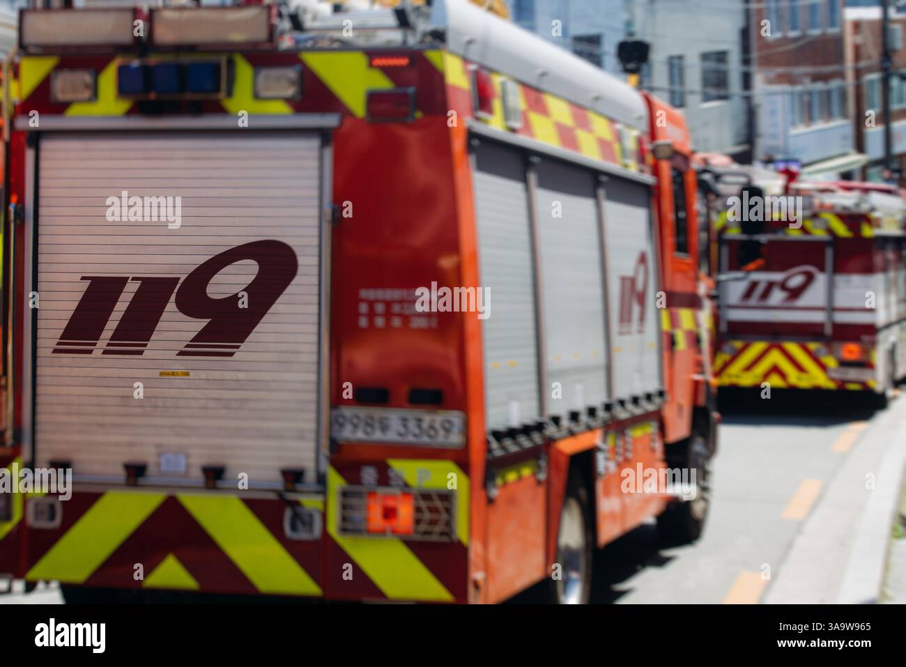 South Korean Fire fighting brigade equipment, during operation in the ...
