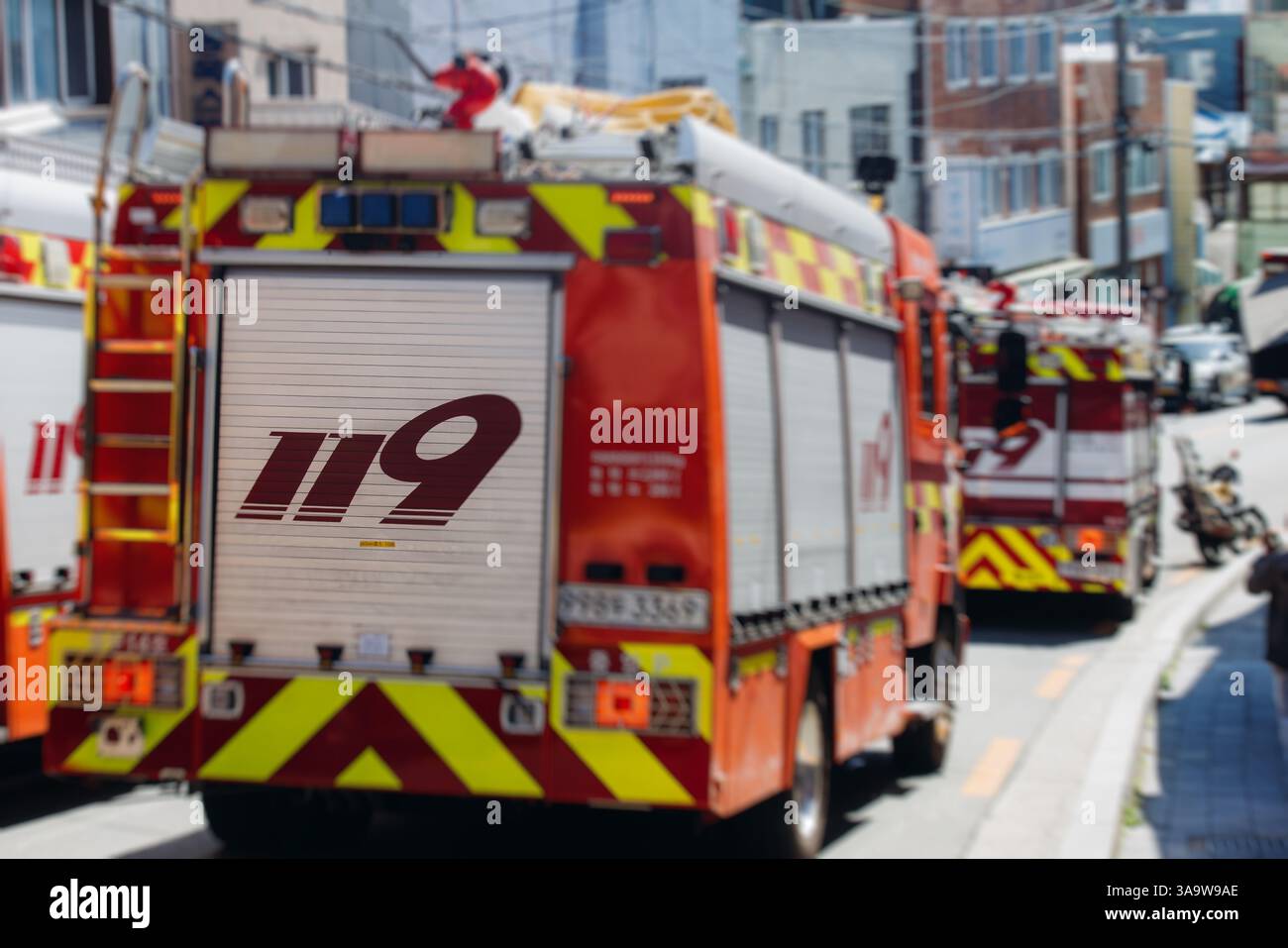 South Korean Fire fighting brigade equipment, during operation in the ...