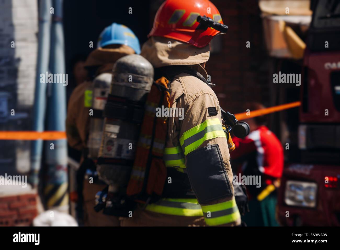 Group of South Korean fire men during fire fighting operation in the ...